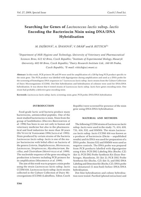 Pdf Searching For Genes Of Lactococcus Lactis Subsp Lactis Encoding The Bacteriocin Nisin