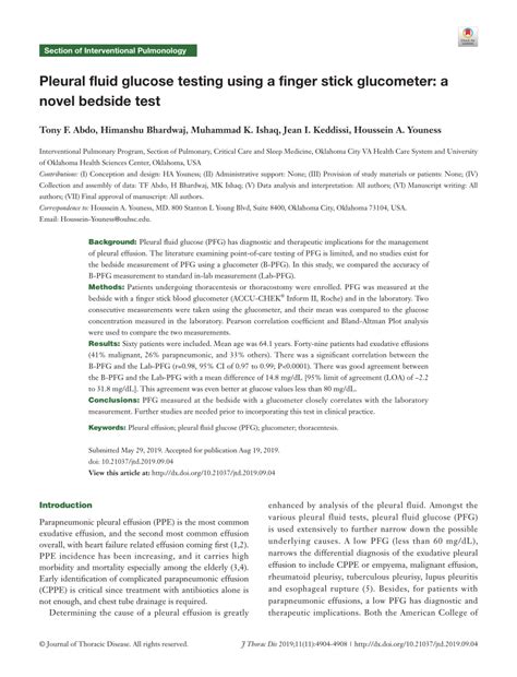 Pdf Pleural Fluid Glucose Testing Using A Finger Stick Glucometer A