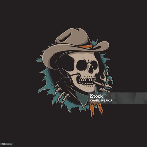 올드 스쿨 문신 스타일로 카우보이 모자를 쓰고 있는 흡연 두개골의 그림 두개골에 대한 스톡 벡터 아트 및 기타 이미지 두개골 카우보이 개척시대의 서부 Istock