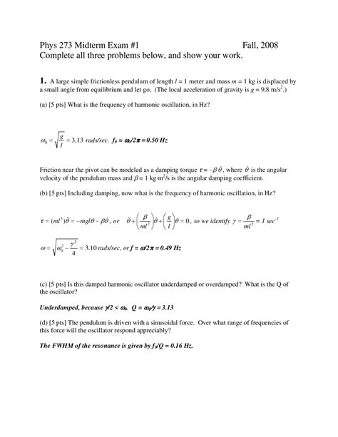 Midterm Exam 1 Problems With Solutions Introduction To Physics Phys 273 Exams Physics