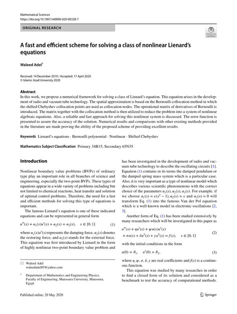 Pdf A Fast And Efficient Scheme For Solving A Class Of Nonlinear Lienards Equations