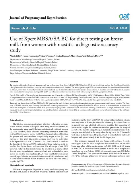 Pdf Use Of Xpert Mrsa Sa Bc For Direct Testing On Breast Milk From Women With Mastitis A