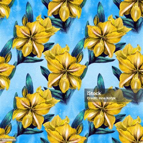 아마릴리스 꽃 꽃과 새싹이있는 가지 크레용 그림 봄 꽃 원활한 패턴 인쇄물 간판 포스터 엽서 포장재를 사용하십시오 개념에 대한