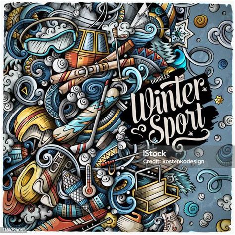 겨울 스포츠 손으로 그린 벡터 낙서 그림입니다 스키 리조트 프레임 카드 디자인입니다 추운 계절 야외 활동 요소와 개체 만화 배경입니다 밝은 색상 재미 테두리 0명에 대한