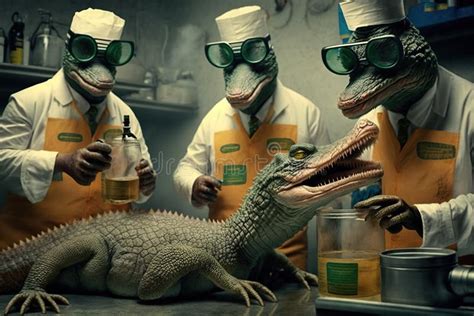 Crocodiles Dressed As Scientists Experiment Created With Generative Ai Technology Stock
