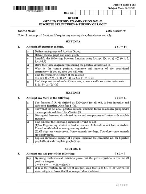 Btech Cs 3 Sem Discrete Structures And Theory Of Logic Rcs301 2022 Pdf Function Mathematics