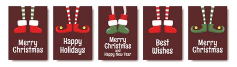 메리 크리스마스 벡터 카드는 갈색 배경에 고립 된 신발과 부츠에 귀여운 만화 엘프 다리를 설정합니다 인사말 카드 인쇄 포스터 초대장에 대 한 벡터 일러스트 레이 션 템플릿