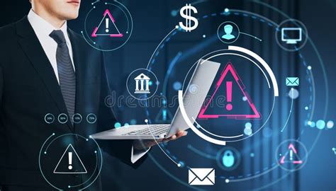 Businessman Holding Laptop With Cyber Threat Warning Icons And Digital Interface On Dark Tech