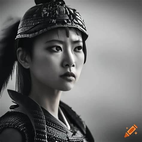 Black And White Image Of A Fierce Female Samurai On A Battlefield