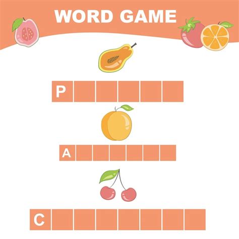 워드 게임 워크시트 이 낱말들을 완성 해 과일 테마 이름 워크시트 벡터 일러스트 레이 션 프리미엄 벡터