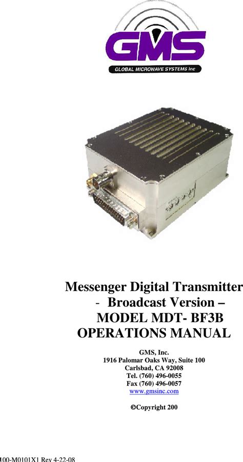Global Microwave Systems Mdt Bf3b Messenger Digital Transmitter User