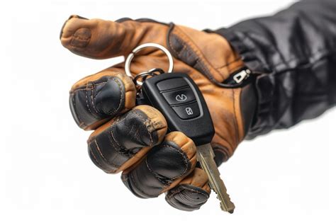 Man Wearing Biker Gloves Holding Car Key Remote On White Background