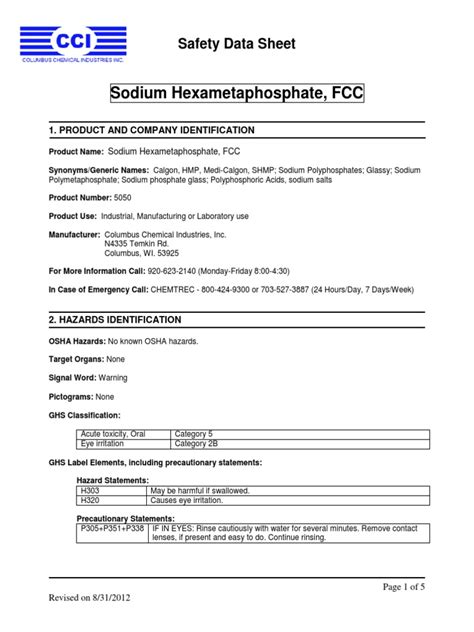 Sodium Hexametaphosphate Fcc Safety Data Sheet Pdf Dangerous Goods Toxicity