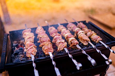 금속 꼬치에 생 케밥 요리 바비큐에서 조리한 구운 고기 전통적인 동양 요리 쉬쉬 케밥 숯과 불꽃 피크닉 길거리 음식에 그릴 0명에 대한 스톡 사진 및 기타 이미지 Istock