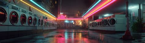 Laundromat With Neon Lights Illuminating Wet Street At Night Stock