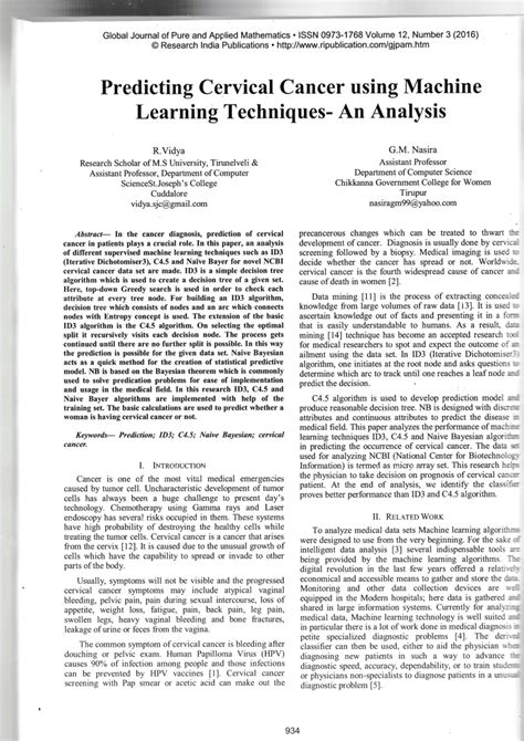 Pdf Predicting Of Cervical Cancer Using Machine Learning Techniques