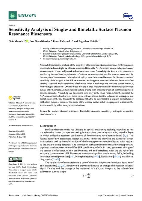 Pdf Sensitivity Analysis Of Single And Bimetallic Surface Plasmon Resonance Biosensors