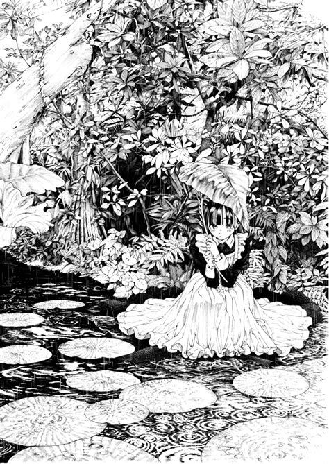 Safebooru 1girl Apron Black Hair Blunt Bangs Foliage Forest Gagaimo