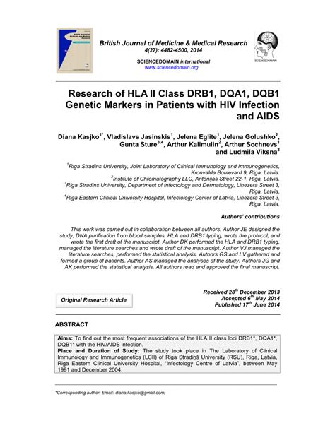 Pdf Research Of Hla Ii Class Drb1 Dqa1 Dqb1 Genetic Markers In Patients With Hiv Infection