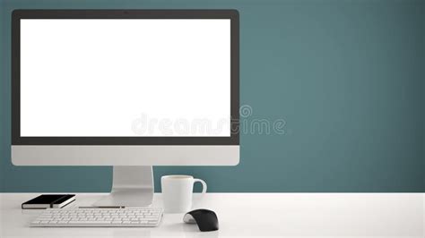 Desktop Mockup Template Computer On Work Desk With Blank Screen Keyboard Mouse And Notepad