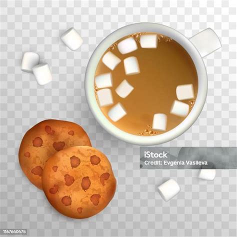 마시멜로와 초콜릿 쿠키와 커피 한 잔 맨 위 보기 아침 식사 고립 된 벡터 일러스트레이션을위한 커피와 쿠키 한 잔 0명에 대한 스톡 벡터 아트 및 기타 이미지 Istock