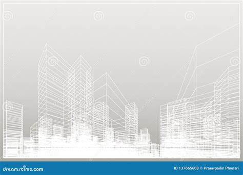 Abstract Wireframe City Background Perspective 3d Render Of Building Wireframe Stock Vector