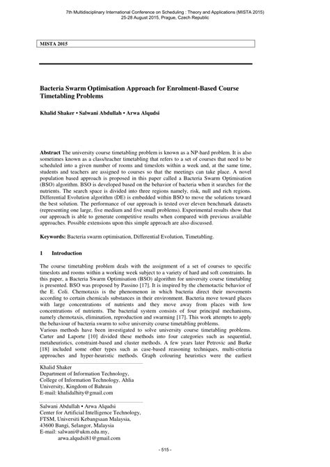 Pdf Bacteria Swarm Optimisation Approach For Enrolment Based Course Timetabling Problems