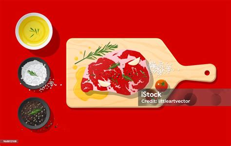 생고기 쇠고기 스테이크와 절단 보드에 조미료 붉은 배경 벡터 삽화에 음식 준비 스트립 스테이크에 대한 스톡 벡터 아트 및 기타 이미지 스트립 스테이크 올리브유