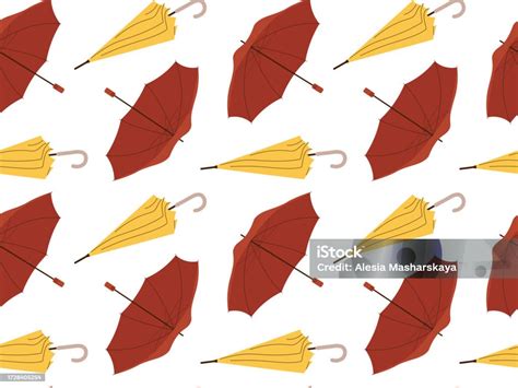빨간색과 노란색 다양한 위치의 우산 원활한 패턴 개방 및 접힌 우산 플랫 스타일의 벡터 그림 11월에 대한 스톡 벡터 아트 및 기타 이미지 Istock