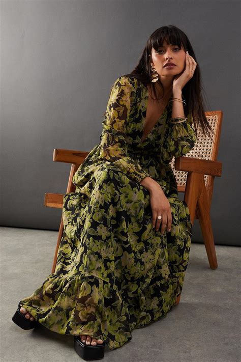 Floral Chiffon Plunge Neck Balloon Sleeve Maxi Dress Nasty Gal