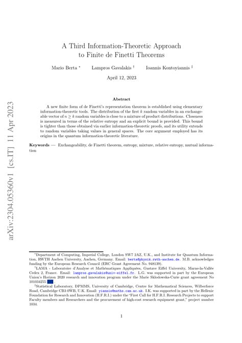 Pdf A Third Information Theoretic Approach To Finite De Finetti Theorems