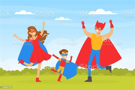 귀여운 소년과 그의 엄마와 아빠 데 재미 야외 행복 한 가족 입고 슈퍼 히어로 의상 재생 에 공원 만화 벡터 일러스트 슈퍼