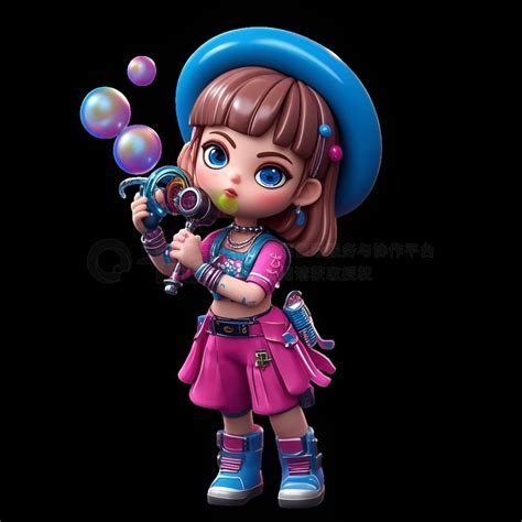 可爱卡通ai数字艺术 3d原创可爱卡通吹泡泡的小女孩免扣手绘素材3d渲染卡通风格儿童手持蓝色枪瞄准生动表情插画 Ai立体元素免费下载png格式4096像素编号71638364 千图网