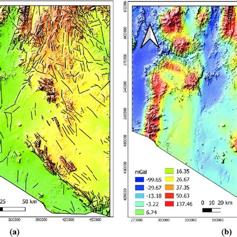 a elevation map showing lineaments extracted from srtm dem b