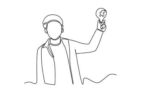 연속 한 선 그리기 어린 소년이 손에 전구를 들고 있습니다 지구 시간 개념 단일 선 그리기 디자인 벡터 그래픽 그림 프리미엄 벡터