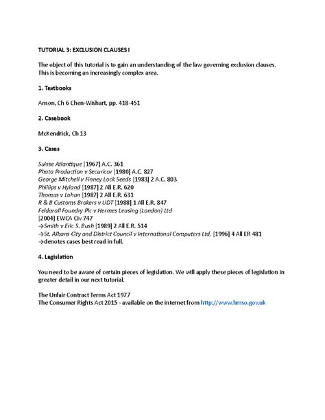 Contract Law Ii Tutorial 3 Tutorial 3 Exclusion Clauses I The Object