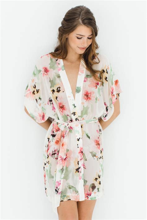 Watercolor Dreams Floral Print Slim Fit Silk Kimono Robe Sheer
