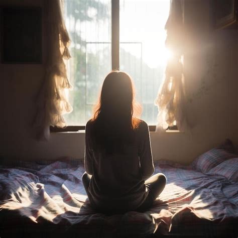 Premium Photo A Woman Sitting On A Bed In Front Of A Window
