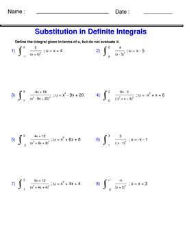 Definite Integration Calculus Substitution In Definite Integrals Worksheets