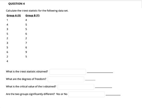 Solved Question 4 Calculate The T Test Statistic For The Following Data Set Group A X Group