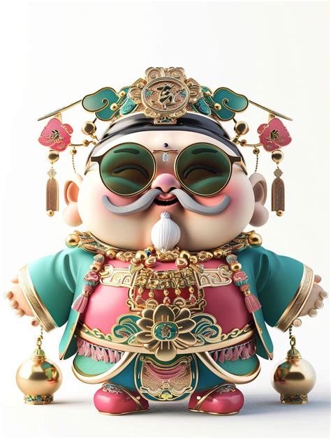 선글라스를 쓴 귀여운 재물신 핑크 녹색 금색의 만화 캐릭터 깨끗한 흰색 배경 3d 렌더링