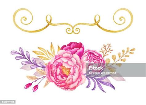 신선한 분홍색 모란 화 환 장미와 녹색 잎 수채화 꽃 꽃다발 그림 플로랄 디자인 요소 0명에 대한 스톡 벡터 아트 및 기타