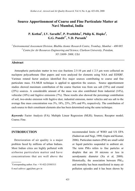Pdf Source Apportionment Of Coarse And Fine Particulate Matter At Navi Mumbai India
