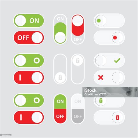 다채로운 토글 스위치 아이콘의 집합입니다 플랫 아이콘입니다 단추를 전환 합니다 켜고 위치 벡터 사용자 인터페이스 스위치를 포함 하 여 설정합니다 디자인에 대한 스톡 벡터