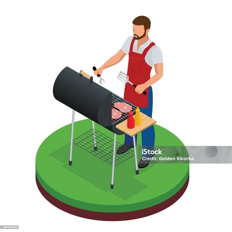 남성 준비 바베 큐 야외입니다 여름 음식 그릴 피크닉 요리 장치입니다 등각 투영 평면 그림입니다 가족 주말입니다 바베 큐 요리 방법 및 기구 이다 벡터에 대한 스톡 벡터