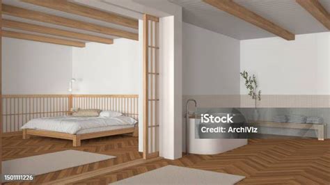 나무와 흰색 톤의 Japandi 욕실과 침실 독립형 욕조 이불이 있는 마스터 침대 헤링본 쪽모이 세공 마룻바닥 미니멀한 인테리어 디자인 0명에 대한 스톡 사진 및 기타