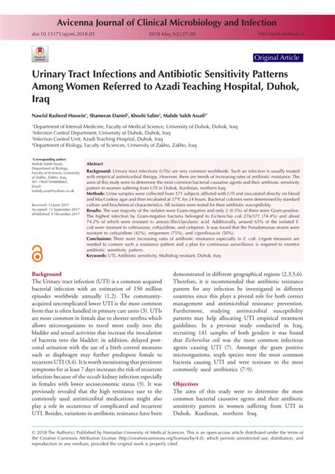 Pdf Urinary Tract Infections And Antibiotic Sensitivity Patterns Among Women Referred To Azadi
