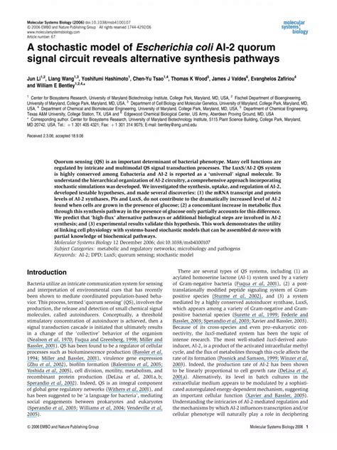 Pdf A Stochastic Model Of Escherichia Coli Ai 2 Quorum Signal Circuit