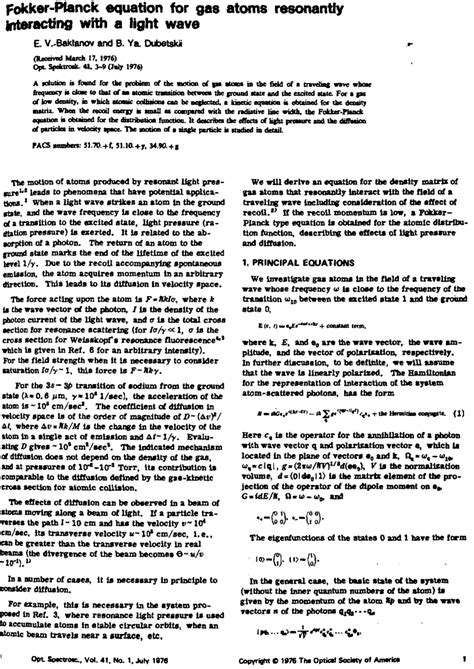 Pdf Fokker Planck Equation For Gas Atoms Resonantly Interacting With A Light Wave