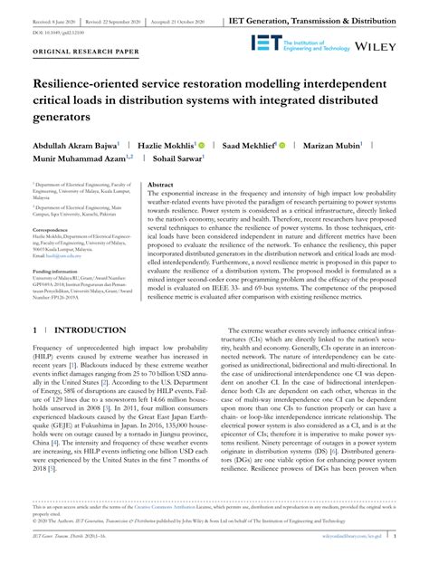 Pdf Resilience‐oriented Service Restoration Modelling Interdependent Critical Loads In
